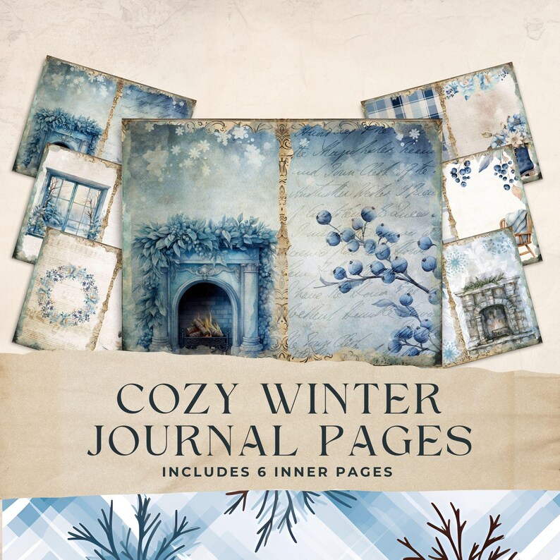 Cozy Winter Junk Journal Kit, Snowy Cottage, Blue Floral, Plaid Tags ...