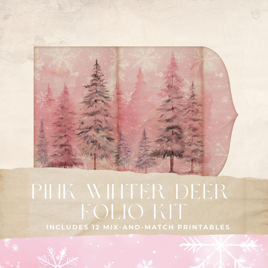 Pink Winter Deer Junk Journal Kit, Vintage Page Insert, Aged Watercolor ...