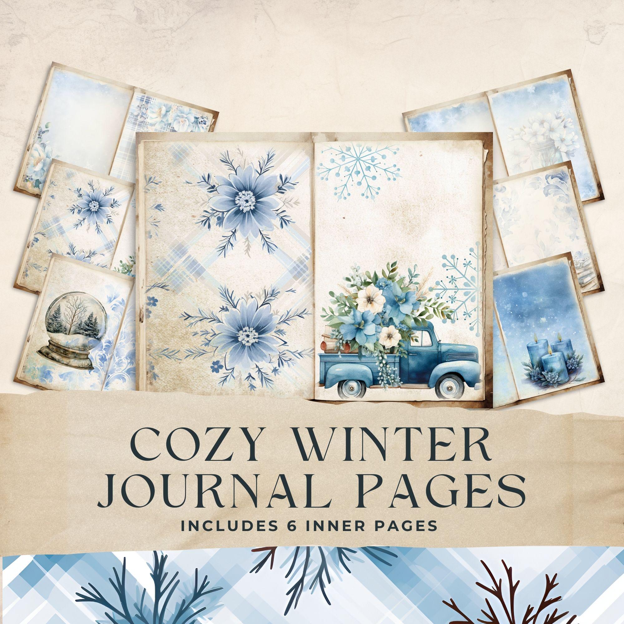 Cozy Winter Junk Journal Kit, Snowy Cottage, Blue Floral, Plaid Tags ...