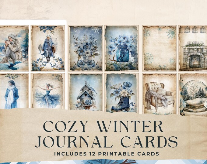 Cozy Winter Junk Journal Cards, Collage Sheet, Blue Floral, Snowy ...