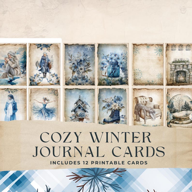 Cozy Winter Junk Journal Cards, Collage Sheet, Blue Floral, Snowy ...