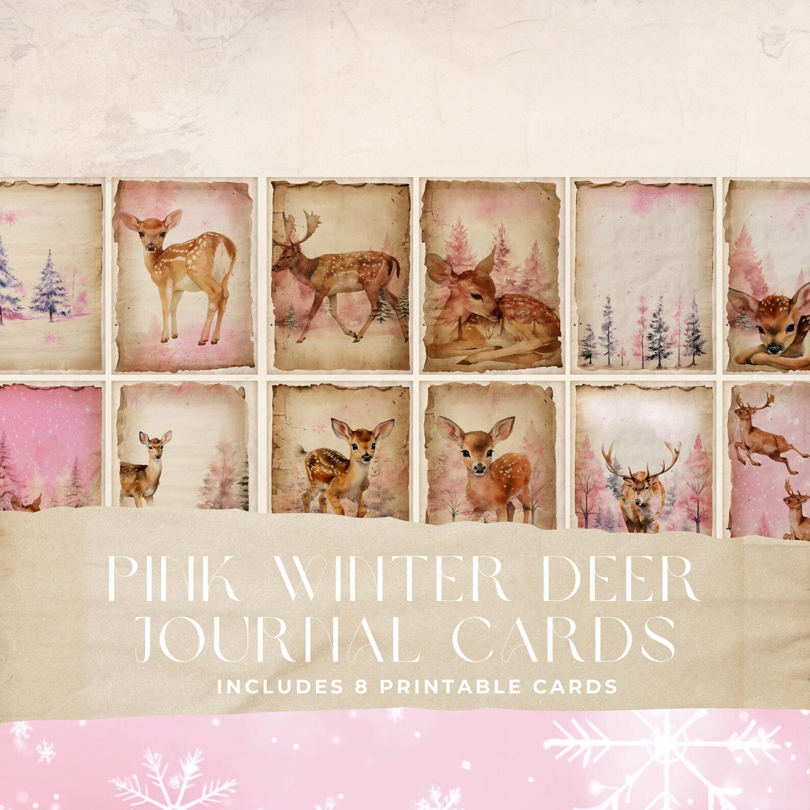 Pink Winter Deer Junk Journal Kit, Vintage Page Insert, Aged Watercolor ...