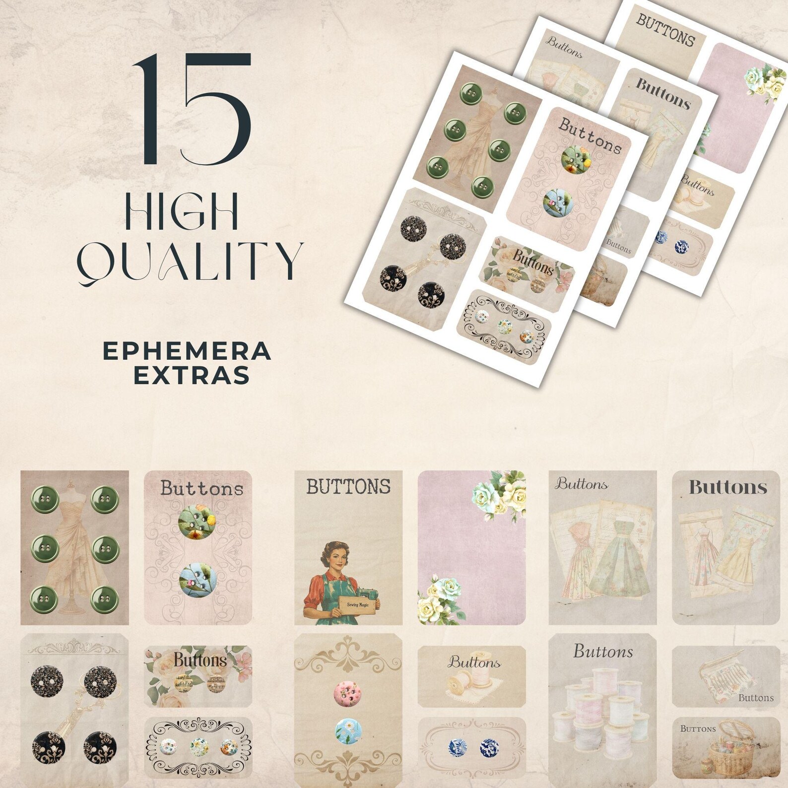 Printable Vintage Button Cards: Shabby Chic Ephemera (PDF) - Etsy