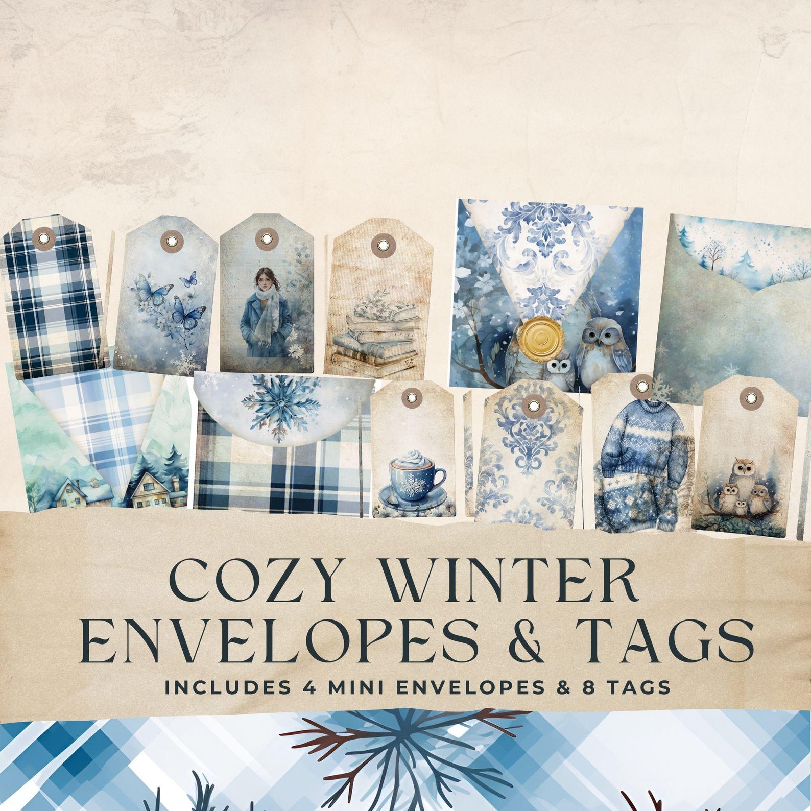 Cozy Winter Mini Envelopes and Tags, Snowy Cottage Junk Journal, Blue ...