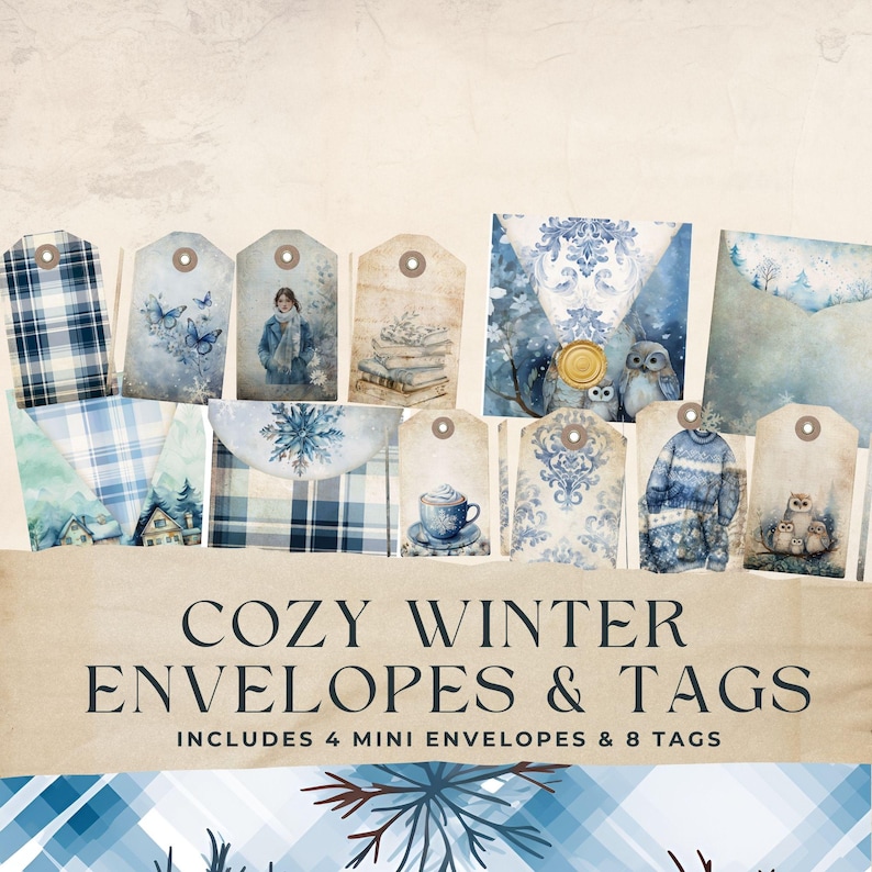 Cozy Winter Mini Envelopes and Tags, Snowy Cottage Junk Journal, Blue ...