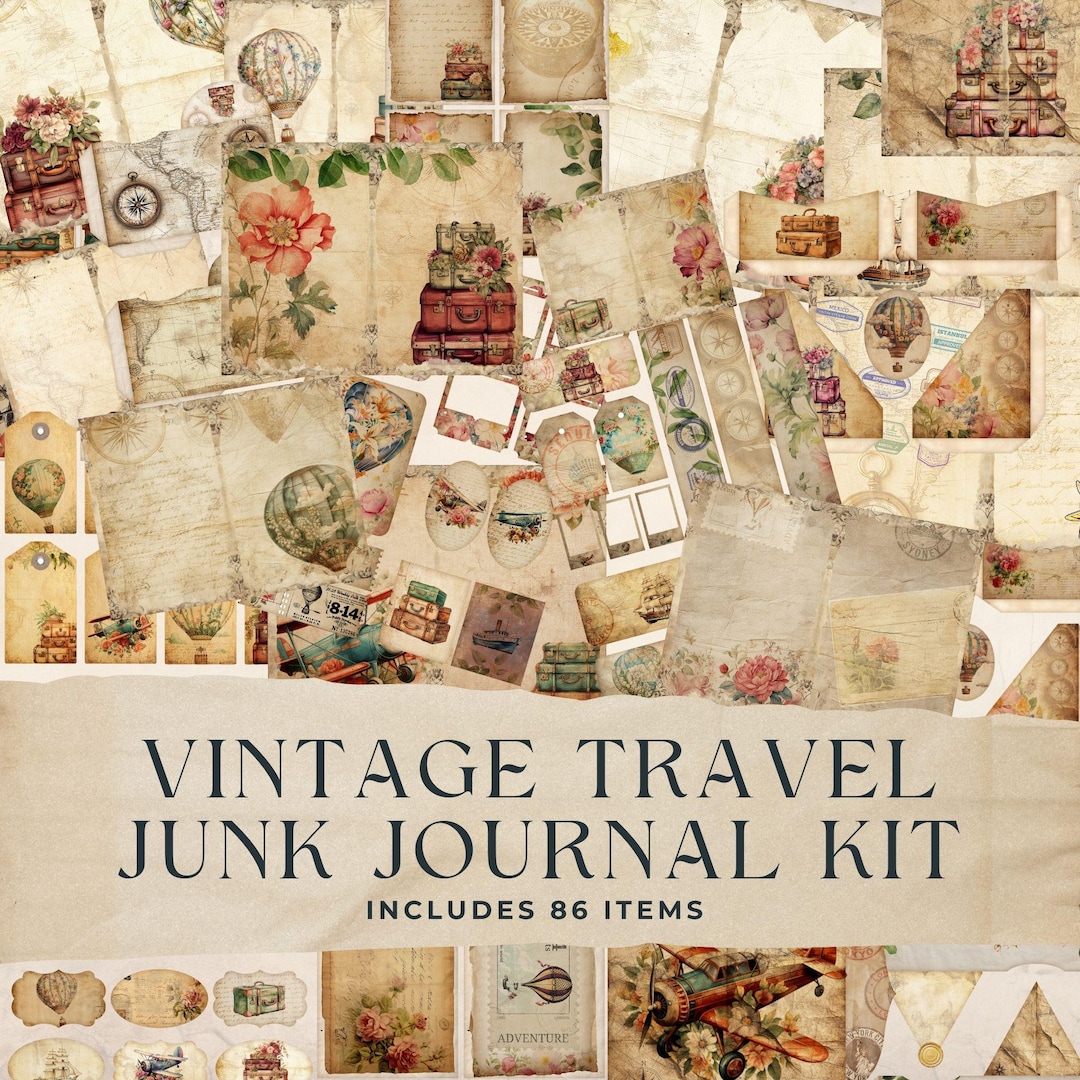 Vintage Travel Junk Journal Kit, Map Ephemera, Antique Luggage, Aged ...