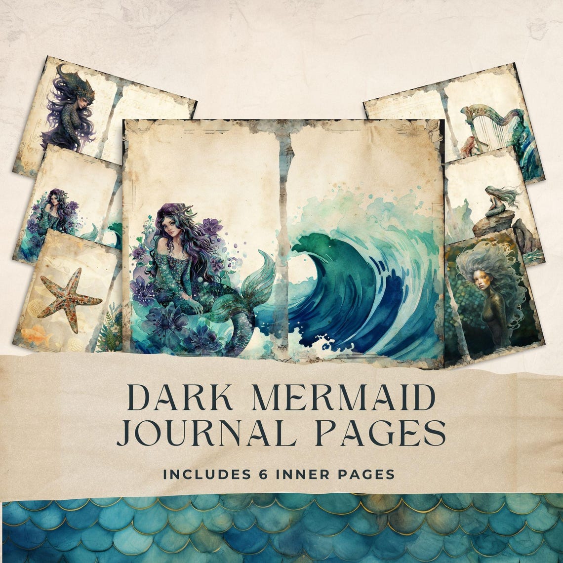 Dark Mermaid Junk Journal Pages, Fantasy Journaling, Mythical Digital ...