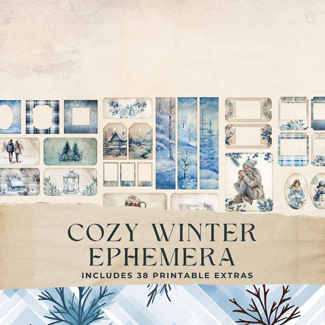 Cozy Winter Junk Journal Ephemera Pack, Collage Sheet, Blue Snow, Snowy ...