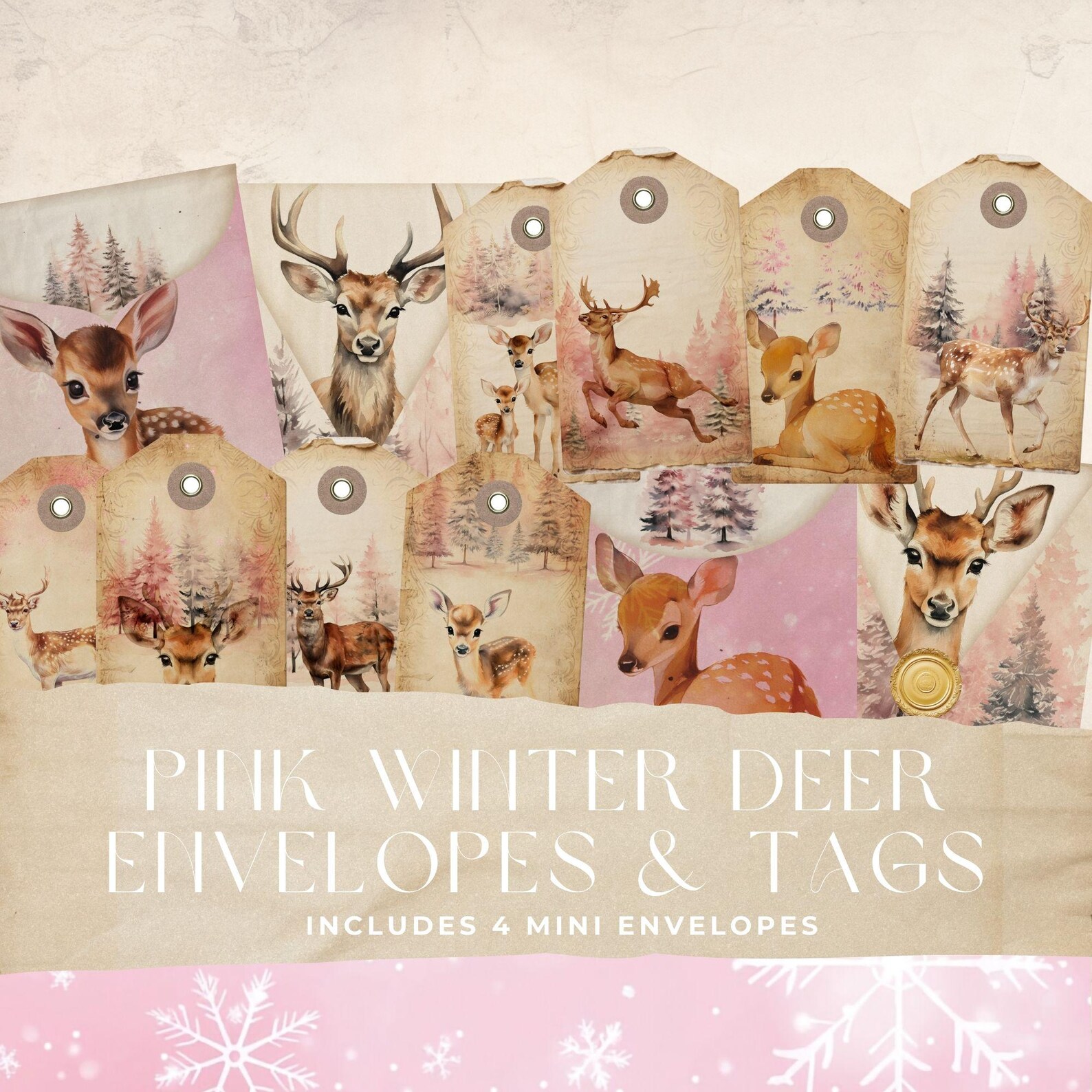 Pink Winter Deer Junk Journal Kit, Vintage Page Insert, Aged Watercolor ...