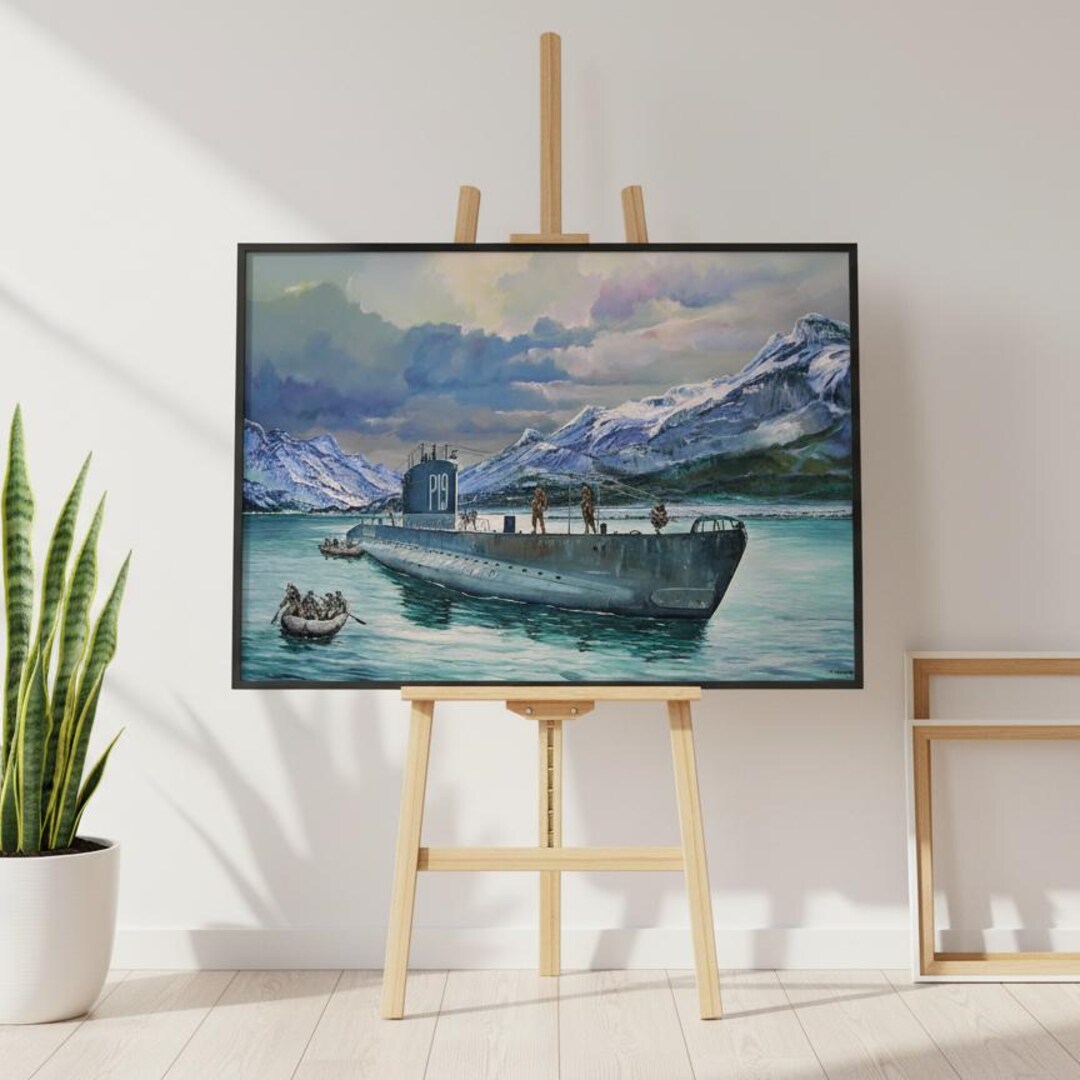WWII Submarine P19 in Arctic Fjord – Original Oil Painting Naval ...