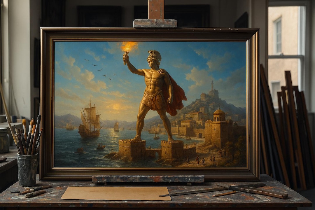 Ancient Rhodes With the Colossus – Original Oil Painting of Ancient ...