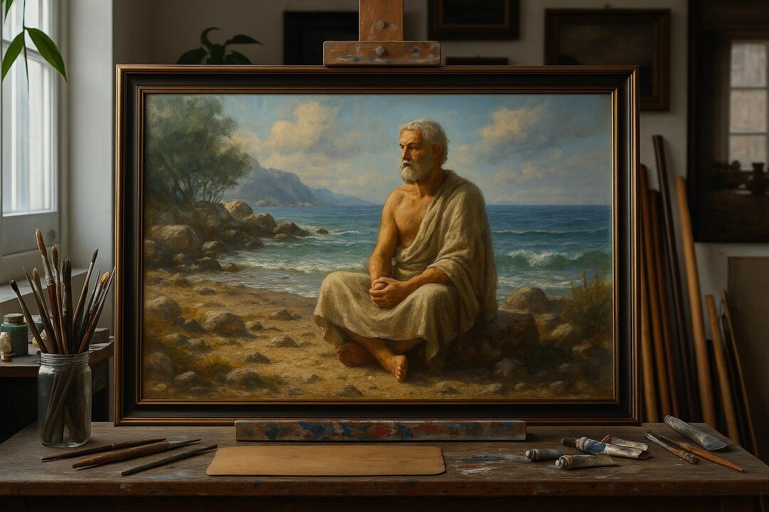Stoic Philosopher Meditating by the Sea – Original Oil Painting on ...