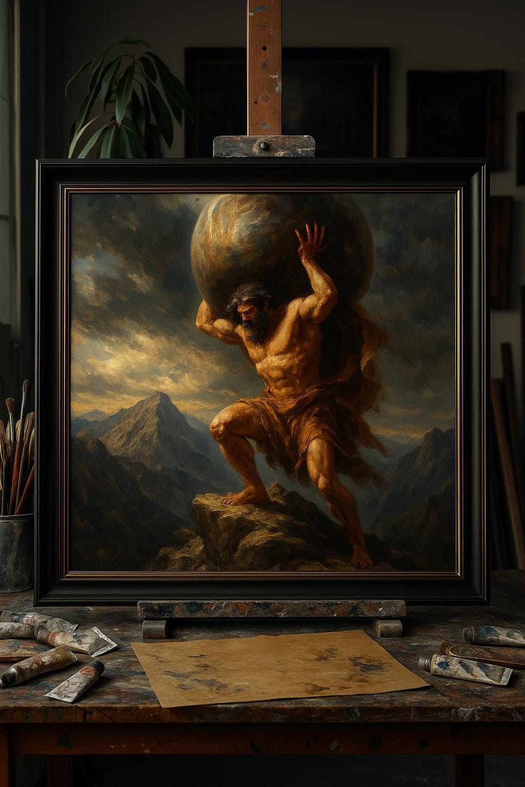 Atlas Holding the Sky on Mountain Peak – Original Oil Painting of ...