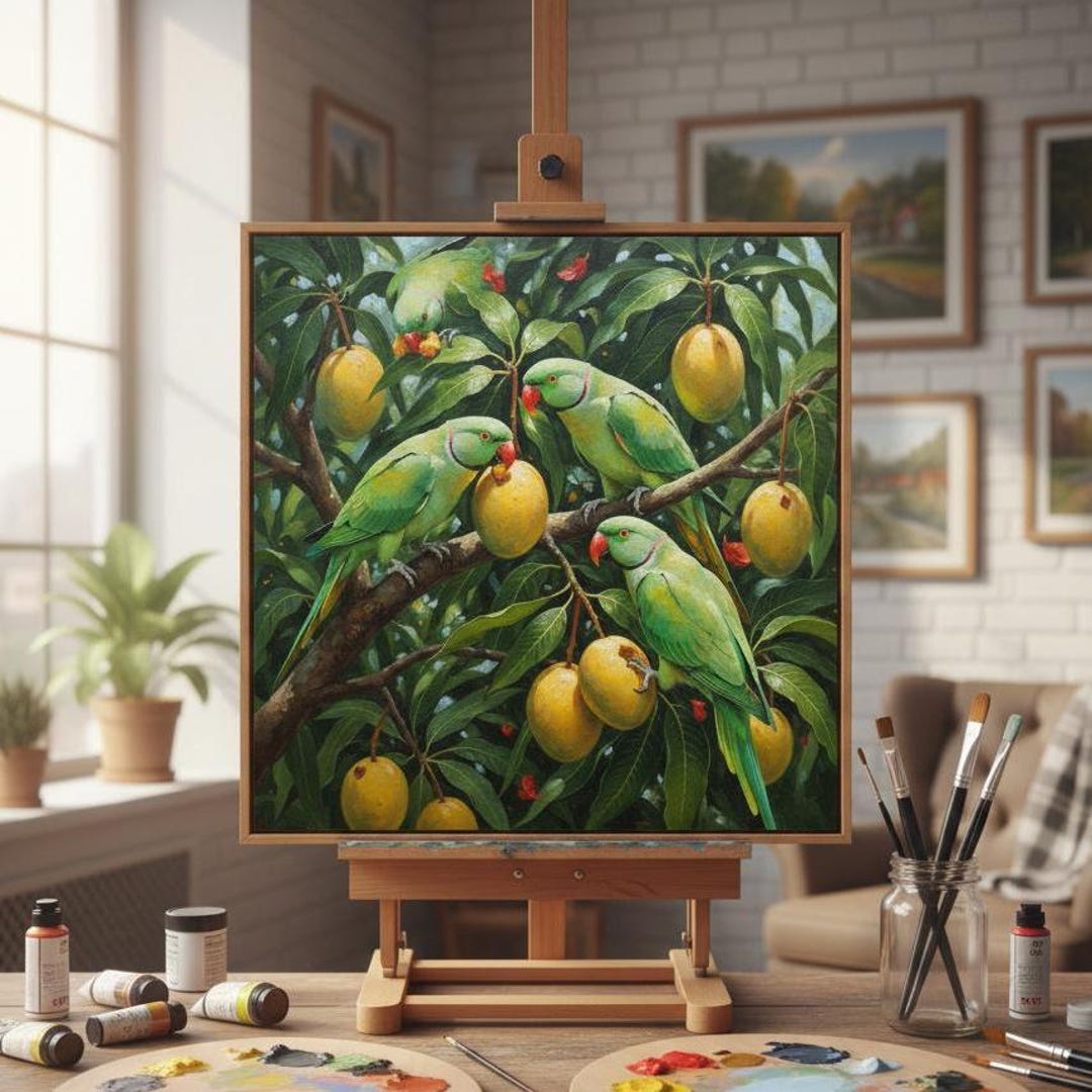 Parrots on a Mango Tree Oil Painting - Tropical Bird Wildlife Art ...