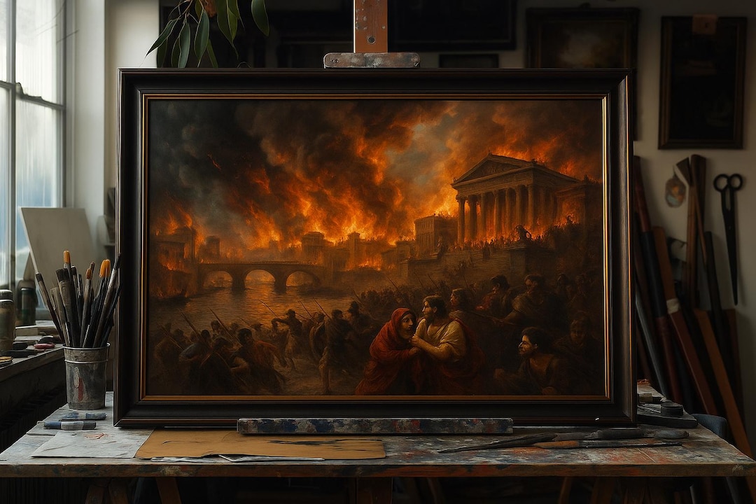 The Fire of Rome Under Emperor Nero Original Oil Painting – Dramatic ...
