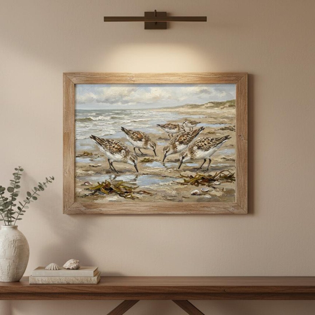 Sandpipers Oil Painting – Shorebirds Foraging on Beach, Coastal Wall ...