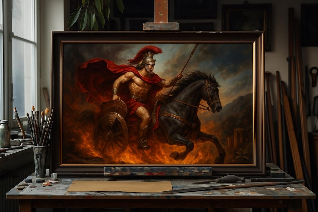 Ares in Fiery Chariot Charging Through Flames – Original Oil Painting ...