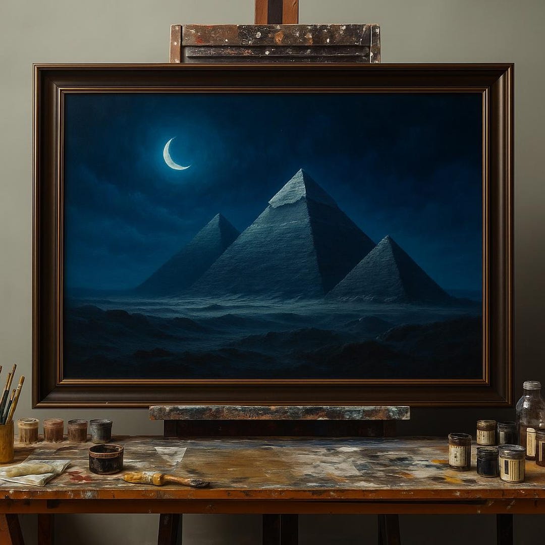Pyramids of Giza Under Moonlight - Original Oil Painting, Mystical Egyptian Night Wall Art ...