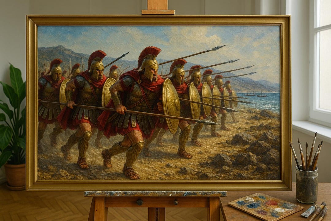 Spartan Warriors Charging in Battle Marathon — Original Oil Painting of ...