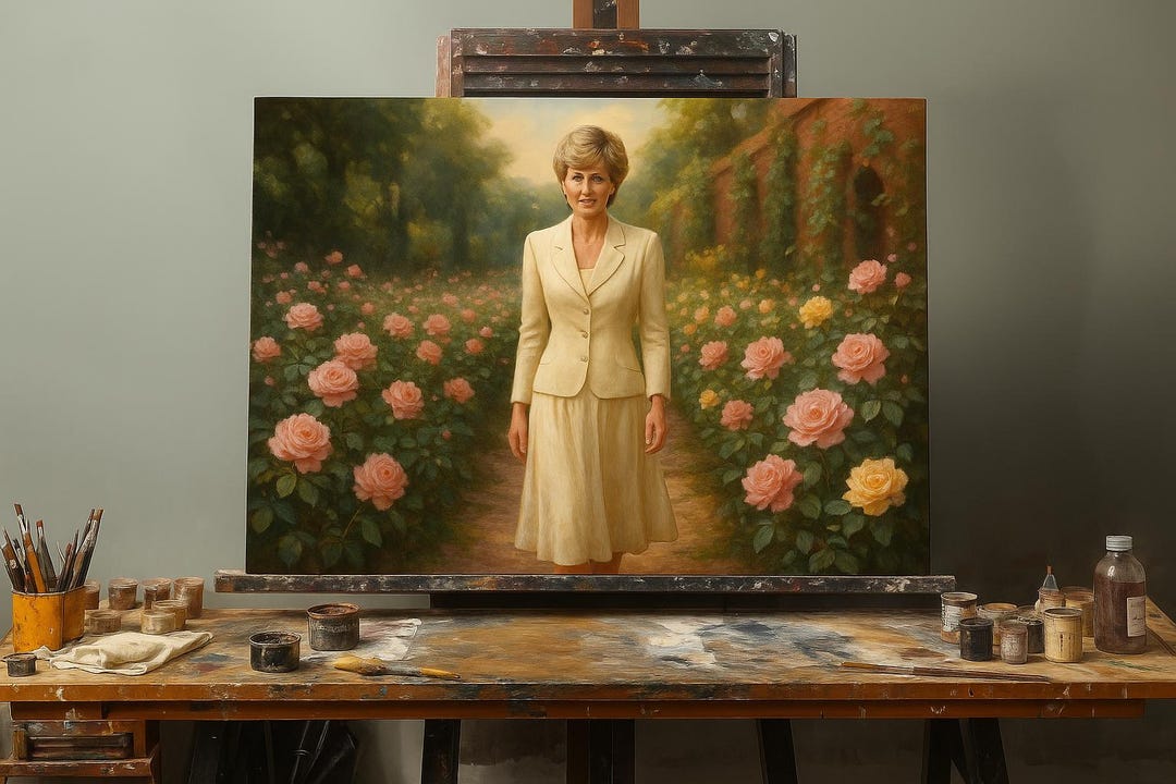 Princess Diana Oil Painting in Rose Garden – Elegant Hand Painted Royal ...