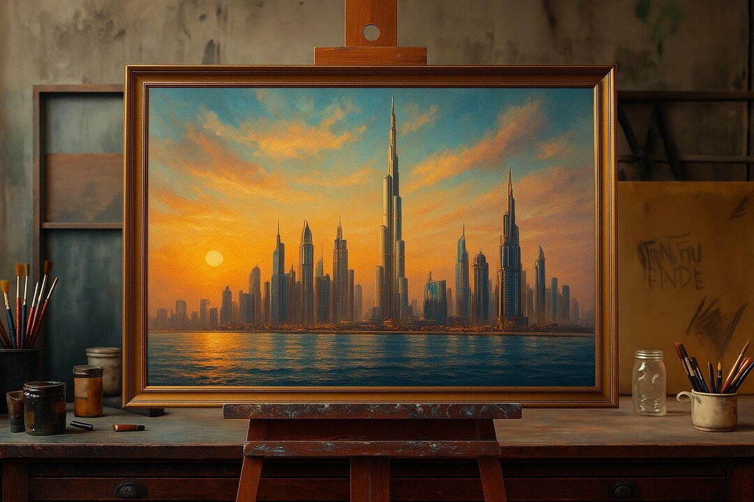 Dubai Skyline at Sunset Original Oil Painting – Burj Khalifa Cityscape ...