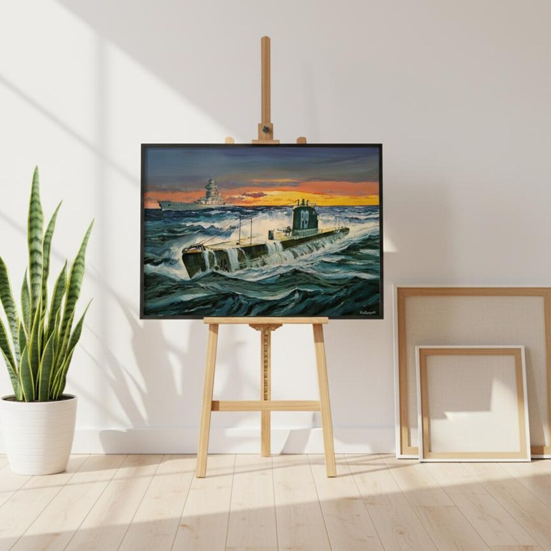 WWII Submarine P19 & Battleship at Sunset – Original Oil Painting Naval ...