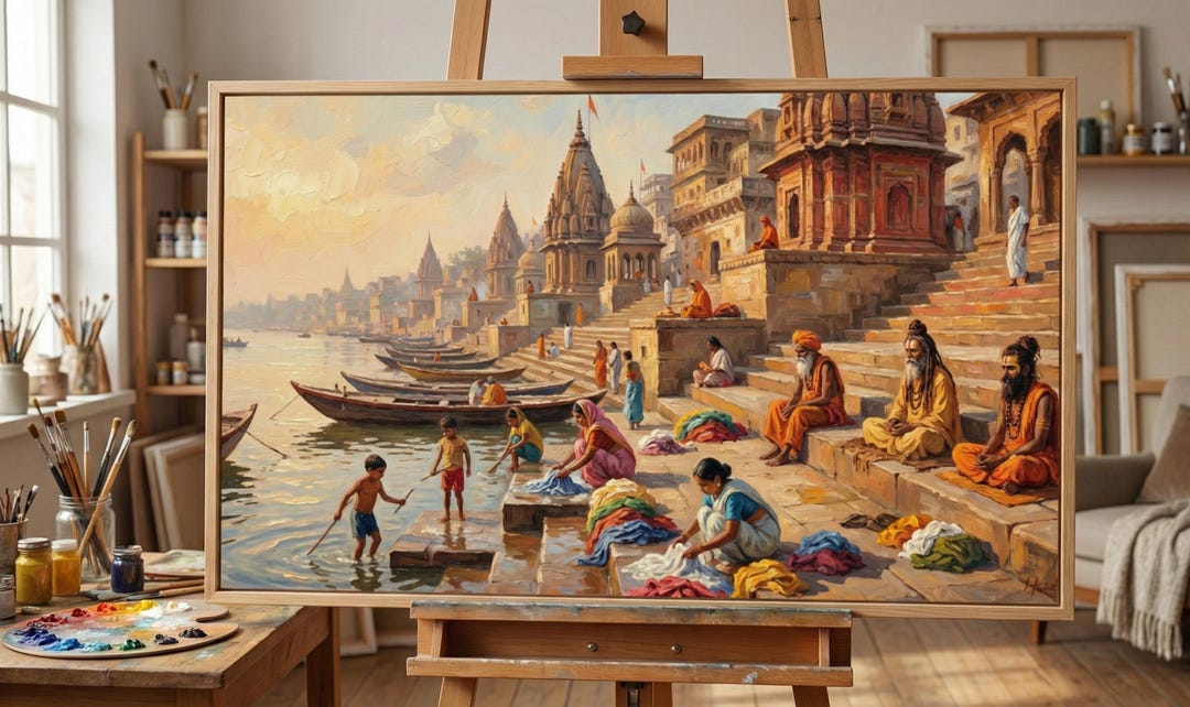 Varanasi Daily Life Painting - Old City Street Scene Art - Colorful ...