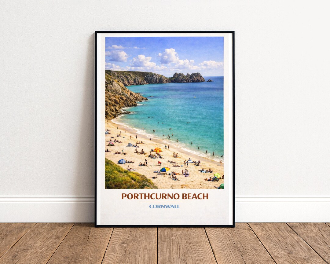 Porthcurno Beach Poster | Cornwall Vintage Travel Print | Coastal Wall ...