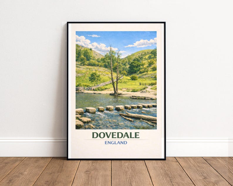 Dovedale Travel Poster | Peak District River & Stepping Stones Print ...