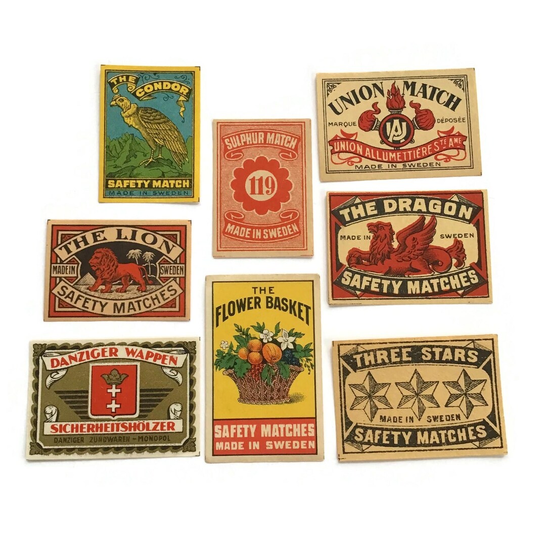 Lot of 8 Vintage Safety Match Labels – Animals, Nature, and Iconic ...