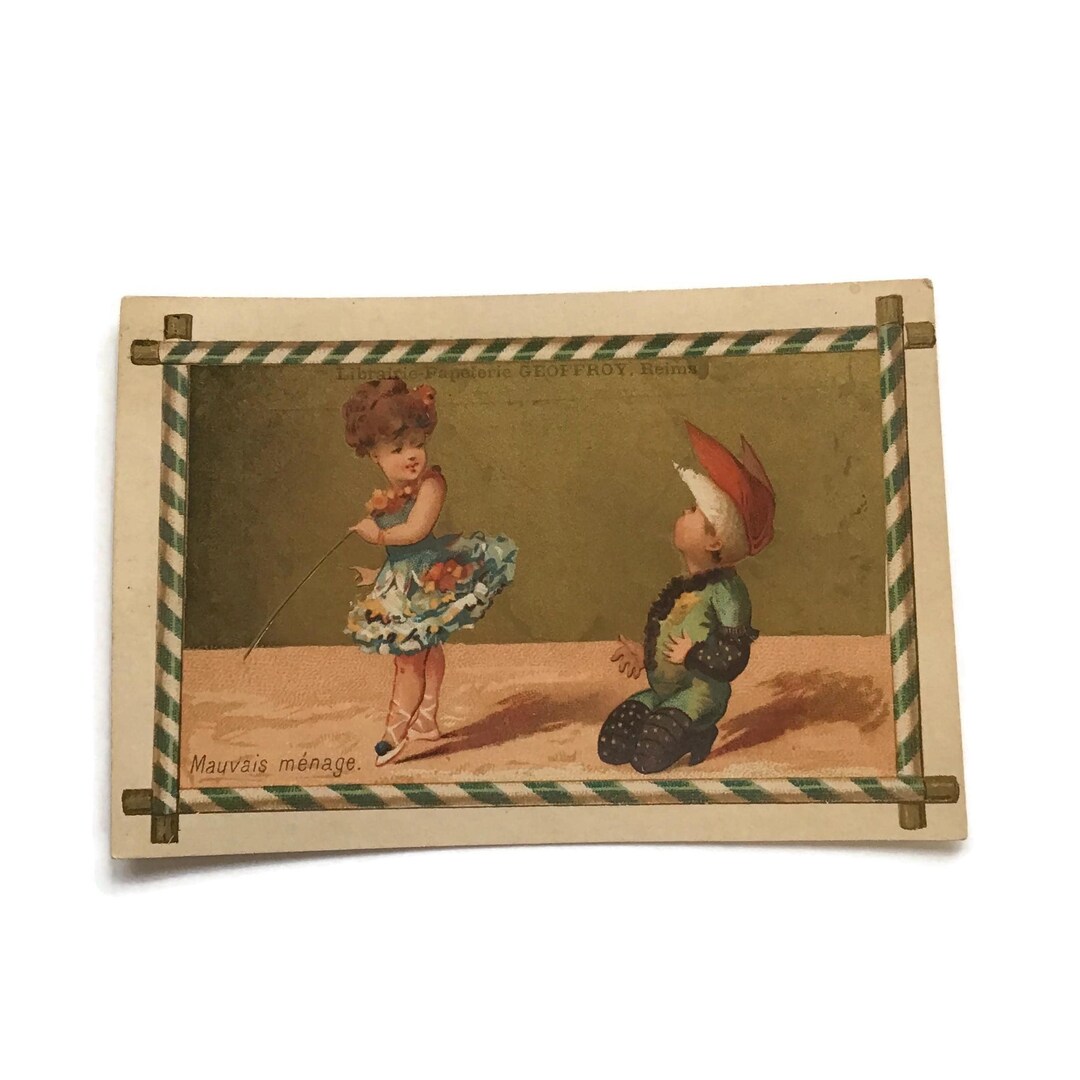 Antique French Trade Card – Girl in Circus Dress Scolding a Clown Boy ...