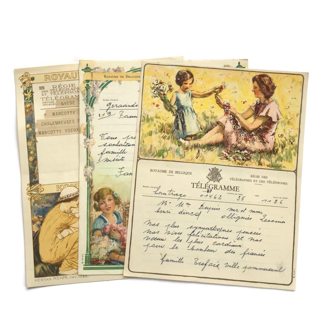 1950s Belgian Illustrated Telegrams | Set of 3 Art Nouveau Wedding ...