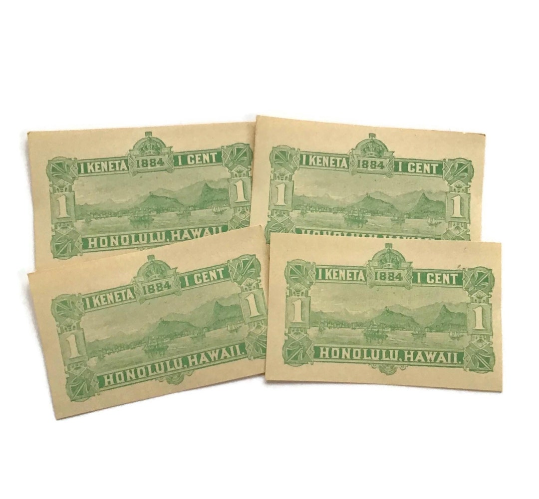 Hawaiian Cut Square Stamps • Set of 4 • "i Keneta" 1884 Honolulu 1 Cent ...