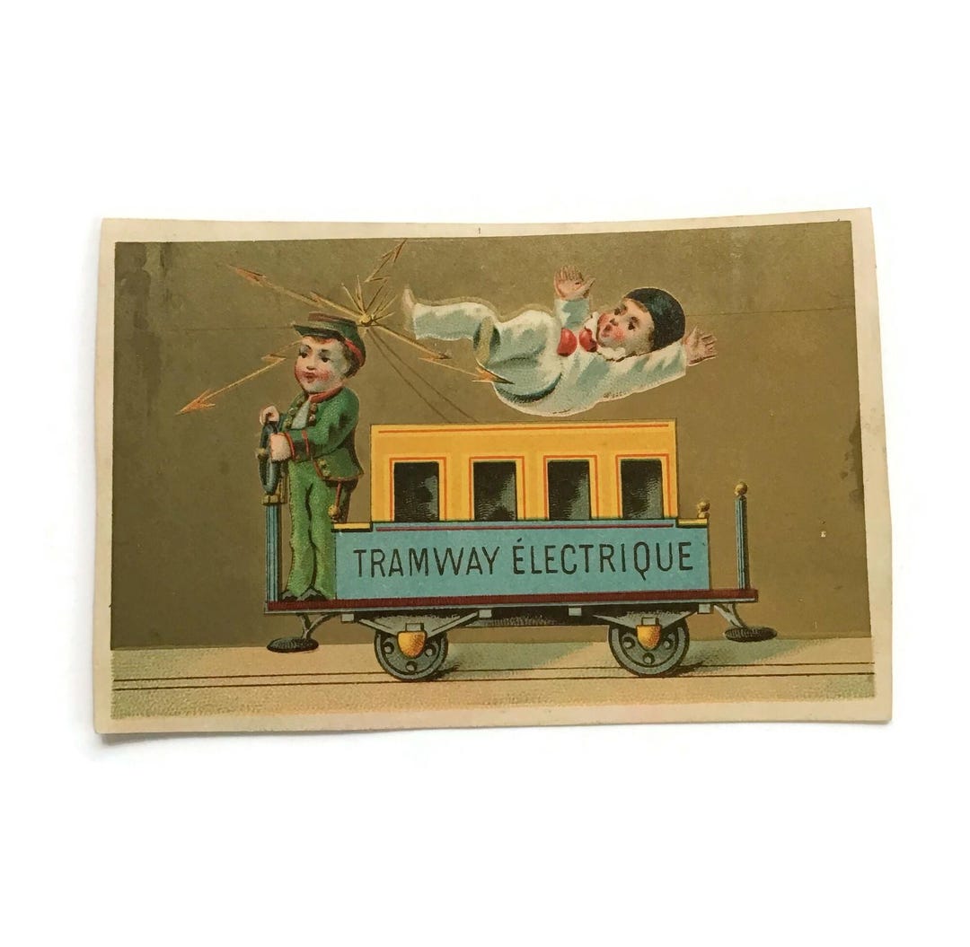 Antique French Trade Card Pierrot and Electric Tram Tramway Électrique ...