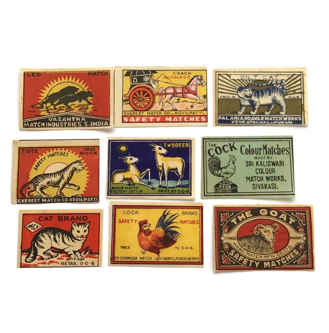 Vintage Indian Matchbox Labels – Colorful Animal Designs, 1950s-1960s ...