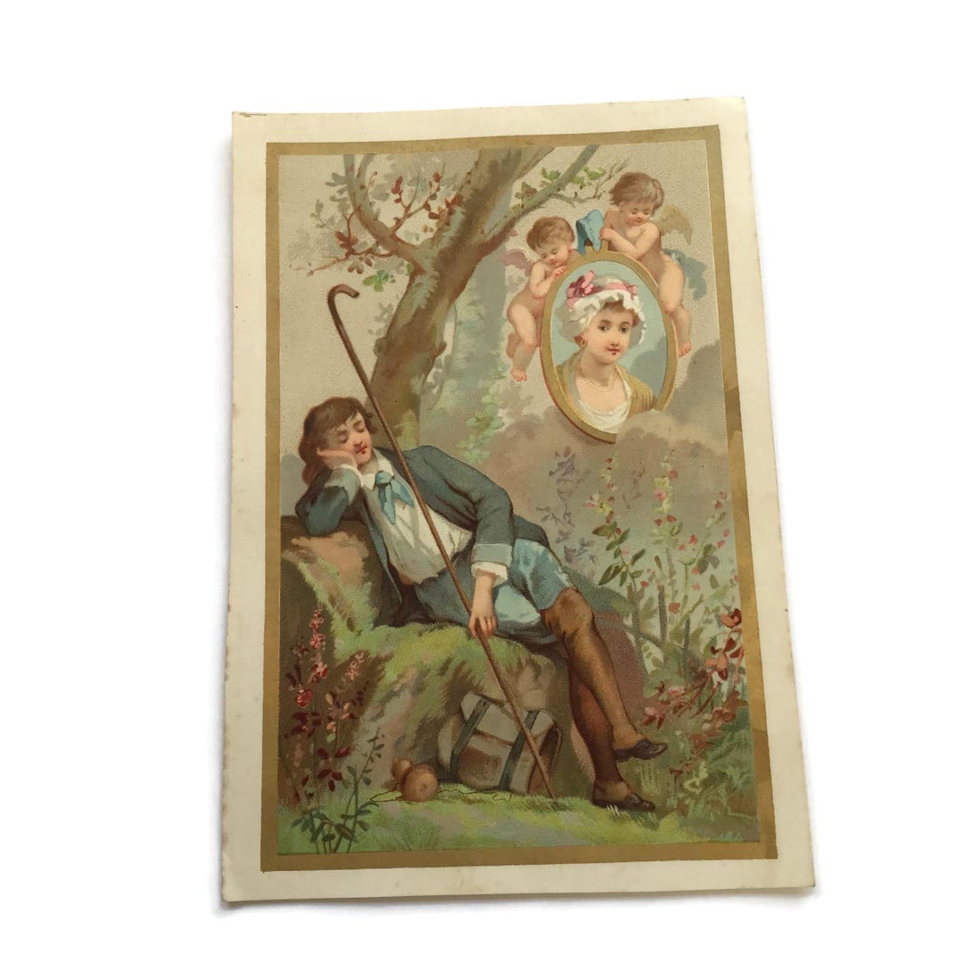 Victorian Dreaming Shepherd Boy Trade Card With Cherubs | 1880s Belle ...