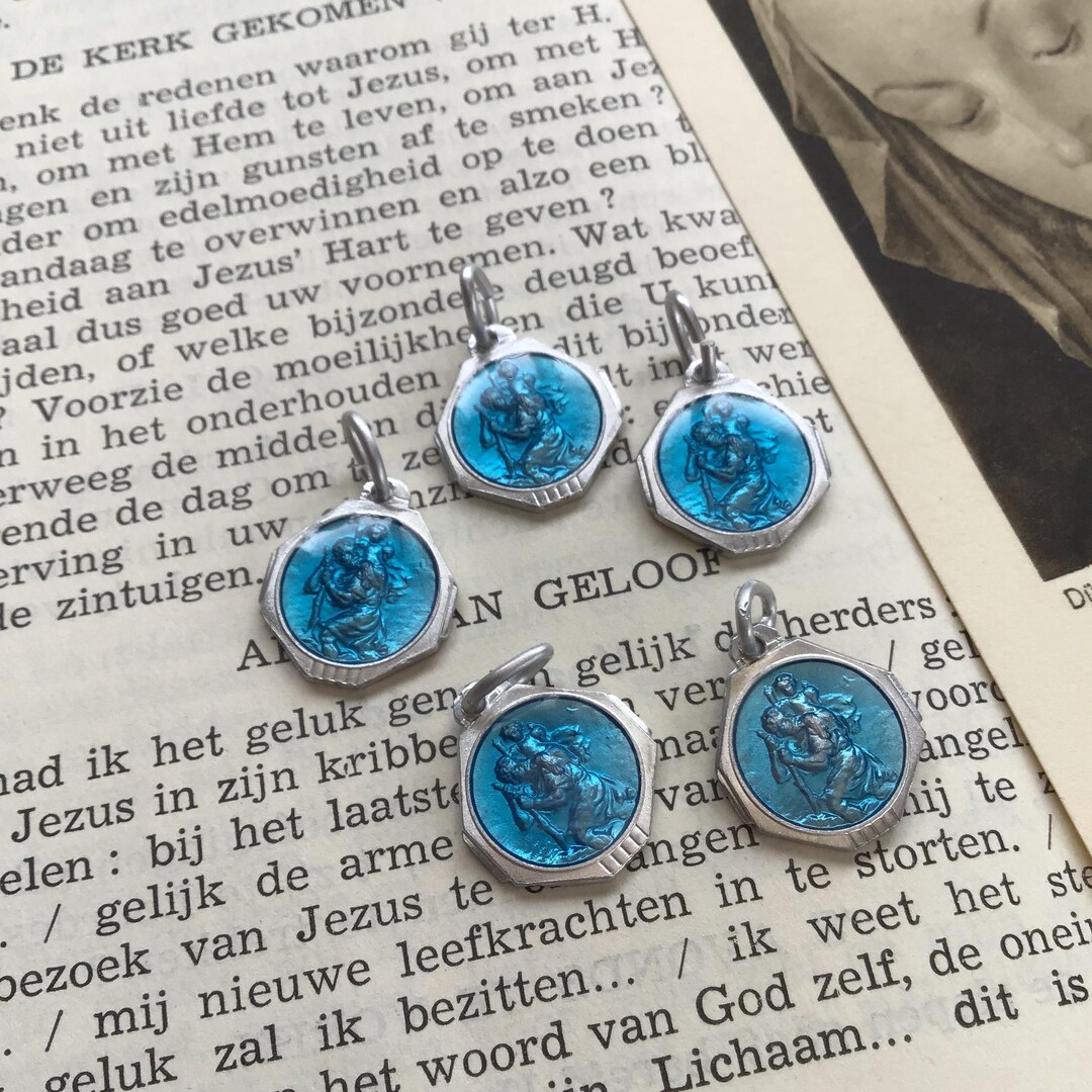 Saint Christopher Medals: Vintage Blue Prayer Charms (set of 5 Aluminum ...