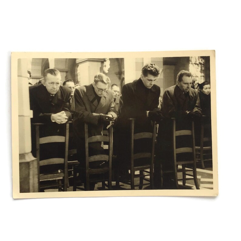 Vintage RPPC Men at Prayer – Real Photo Church Scene – 1950s Black ...