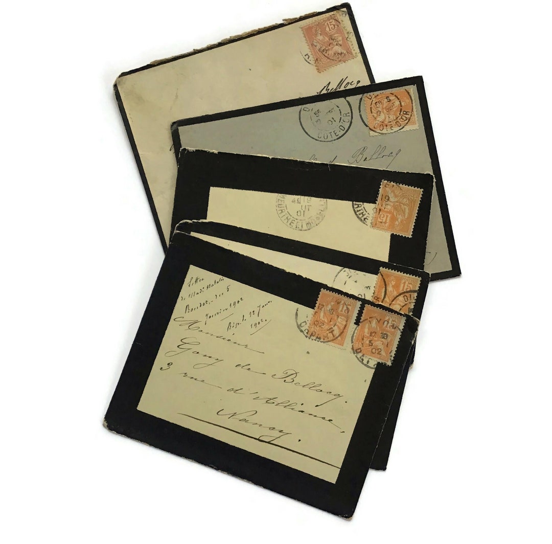 Set of 5 Vintage French Mourning Envelopes - Empty With Stamps, Early ...