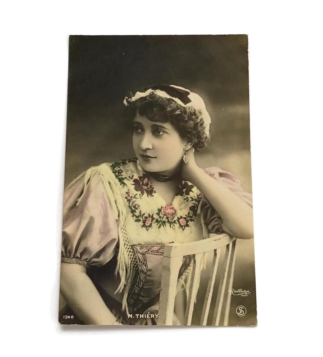 Hand-tinted French Postcard – 1903 Actress Portrait M. Thiéry in Floral ...