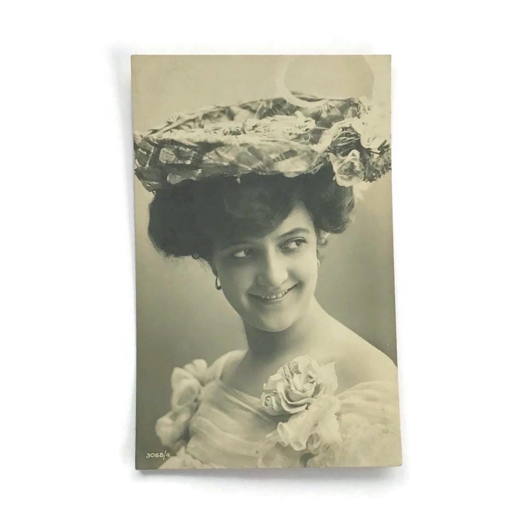 Antique German Postcard – Edwardian Woman in Feather Hat With Floral ...