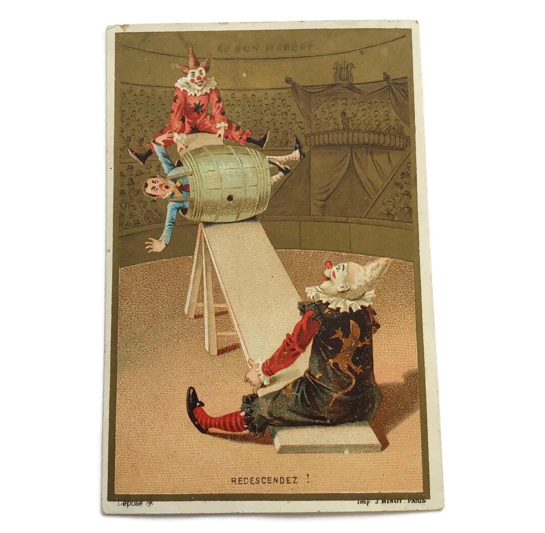 Antique Trade Card – Clown Seesaw Barrel Act, 1800s Lithograph - Etsy