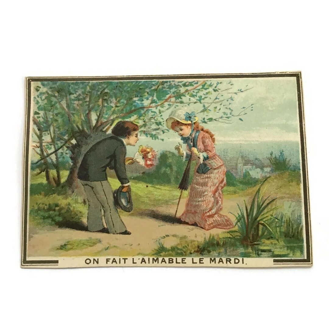 Antique French Trade Card: Victorian Flirtation Scene, 1880s ...