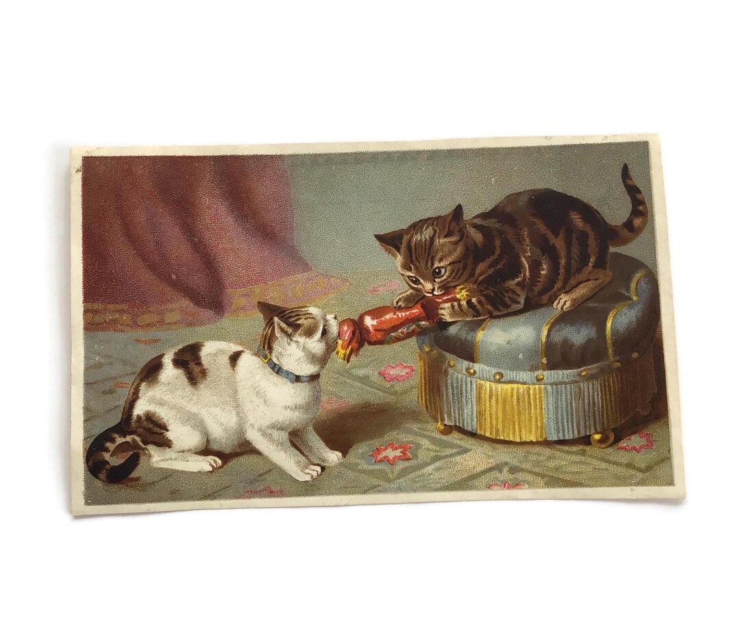 Antique Lithograph Print – Two Kittens With Christmas Cracker ...