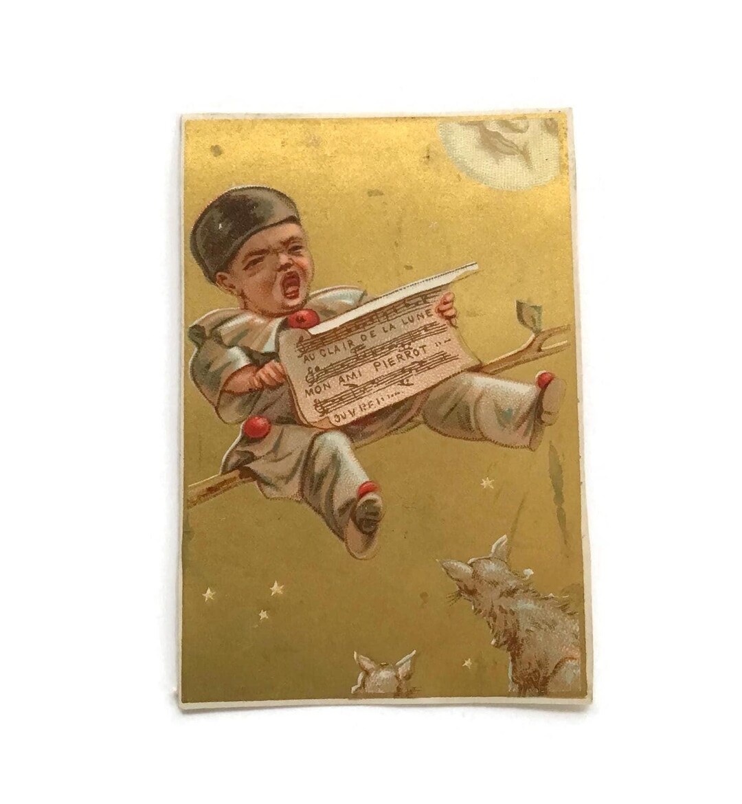Antique French Trade Card – Singing Pierrot Howling at the Moon (c ...