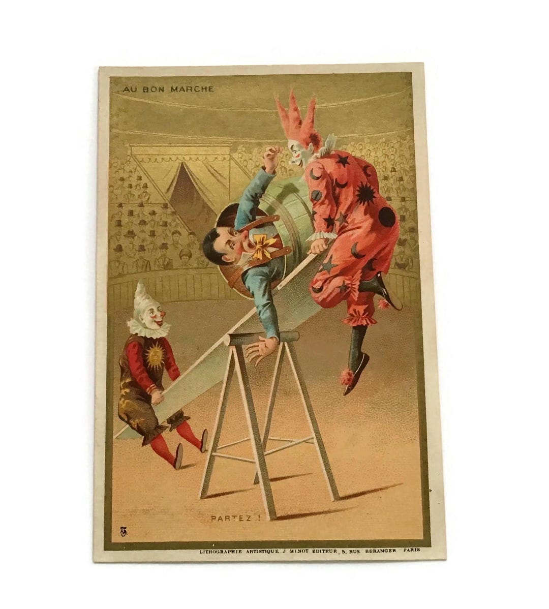 Antique French Trade Card – Clown Acrobatics, Au Bon Marché, Victorian ...