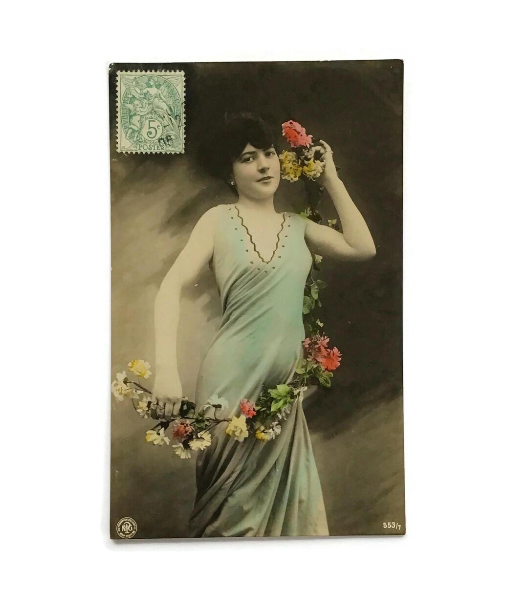 Vintage French Postcard – Art Nouveau Lady With Flower Garland – Hand ...