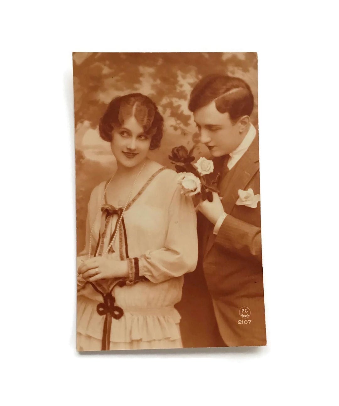 Antique French Romance Postcard – 1920s Lovers With Roses – Sepia Real ...