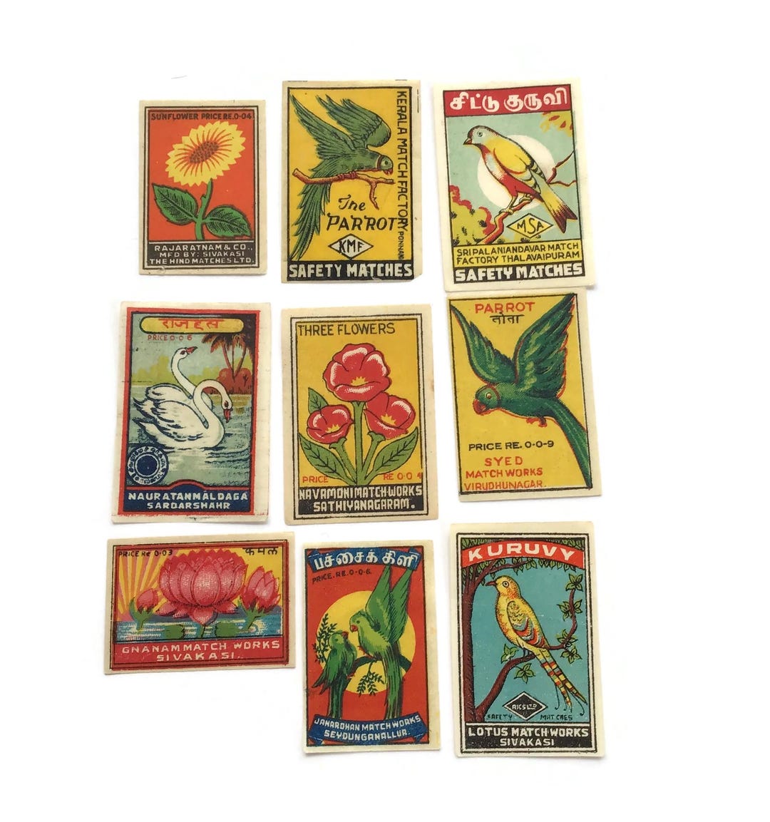 Set of 10 Vintage Indian Matchbox Labels Birds, Flowers, and Retro ...