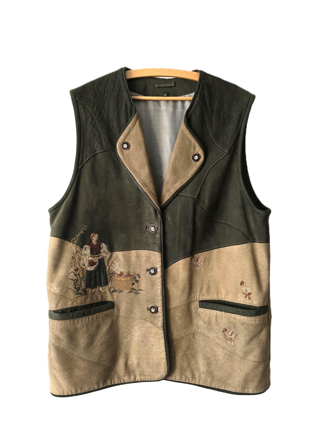 Austrian Suede Leather Vest ,trachten Green Brown Embroidered Vest ...